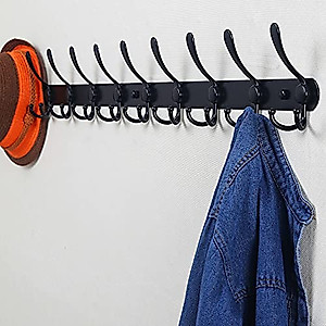 Dseap Coat Rack Wall Mount - 38” Long 10-Tri-Hooks Heavy Duty Coat Hanger Rail Wall Hooks for Hanging Coats Hats Clothing Clothes Purse Mudroom Entryway, Black