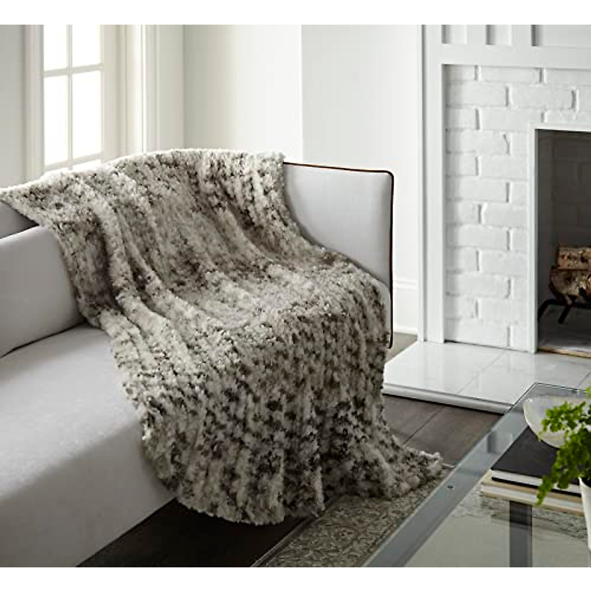 Crafted By Catherine Ivory Gray Yarn Dye Faux Rabbit Fur Throw 50" x 60"