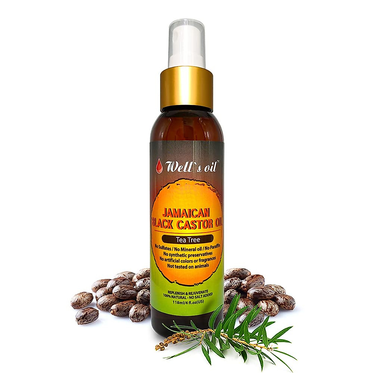 Well's Oil TEA TREE + Jamaican Black Castor Oil Spray | 4oz(118ml) | Hair Detangler Spray | Increase Hair Growth, Scalp Treatment | Natural Leave-In Conditioner