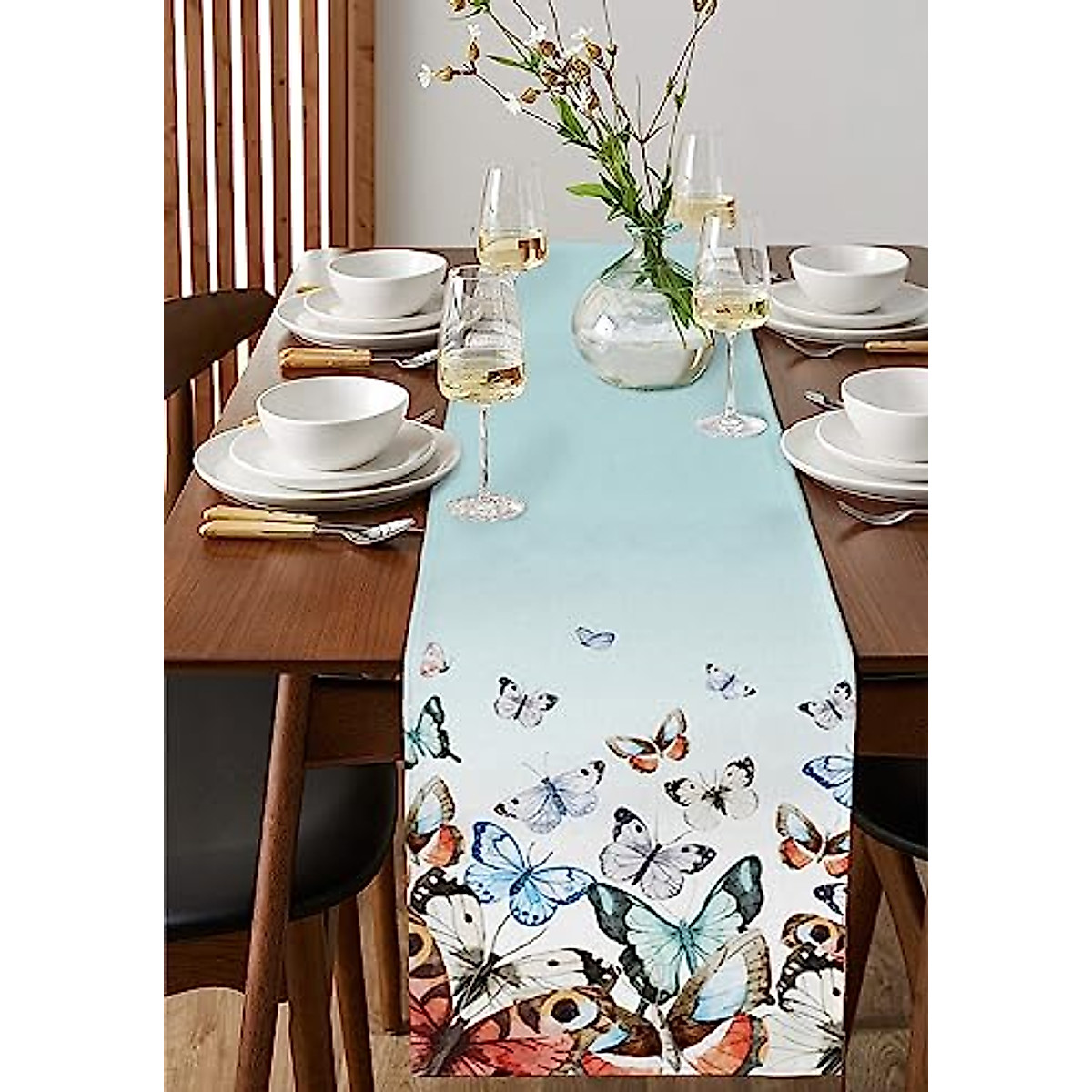 Teal Ombre Table Runner 72 Inches Long Farmhouse Dress Scarves, Red Blue Butterfly Modern Abstract Art Dining Tablerunner for Coffee Table/Kitchen Island/Party Décor, 18" x 72"