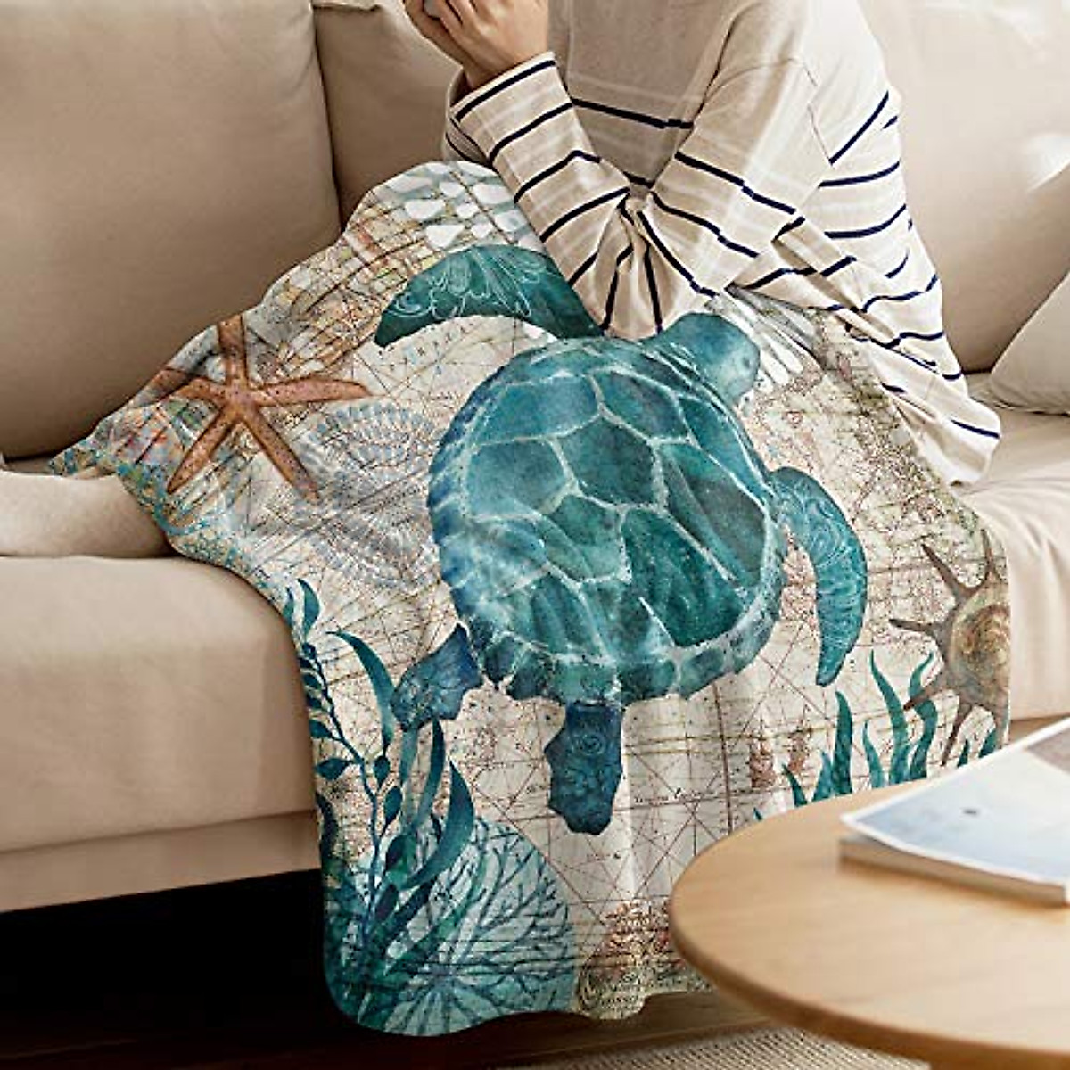 Heart Pain Soft Flannel Fleece Blanket Sea Turtle Breathable Throw Blanket Sea Life Nautical Blue Cozy Blanket for Couch Sofa Bed Living Room Suitable for All Season - 40x50 inch
