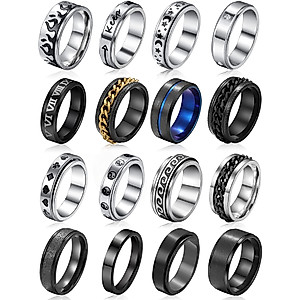 Stainless Steel Band Rings for Men, Sliver Fidget Anxiety Women, Cool Plain Spinner Ring Set, Black Mens Wedding Pack (8)