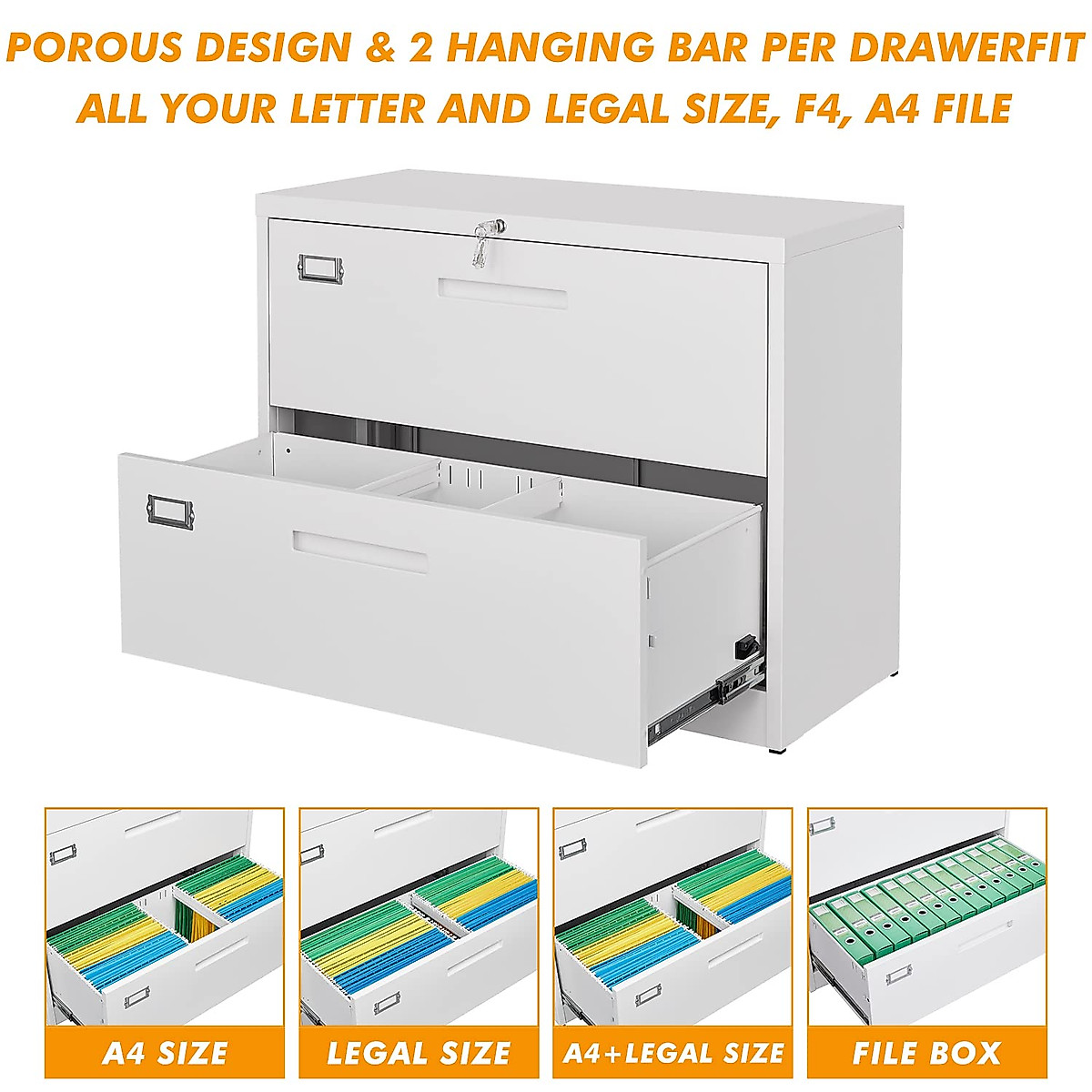 STANI Lateral File Cabinets with Lock, Filing Cabinet, 2 Drawer Lateral File Cabinet with Lock, Metal Lateral File Cabinet for Home and Office, Assembly Required