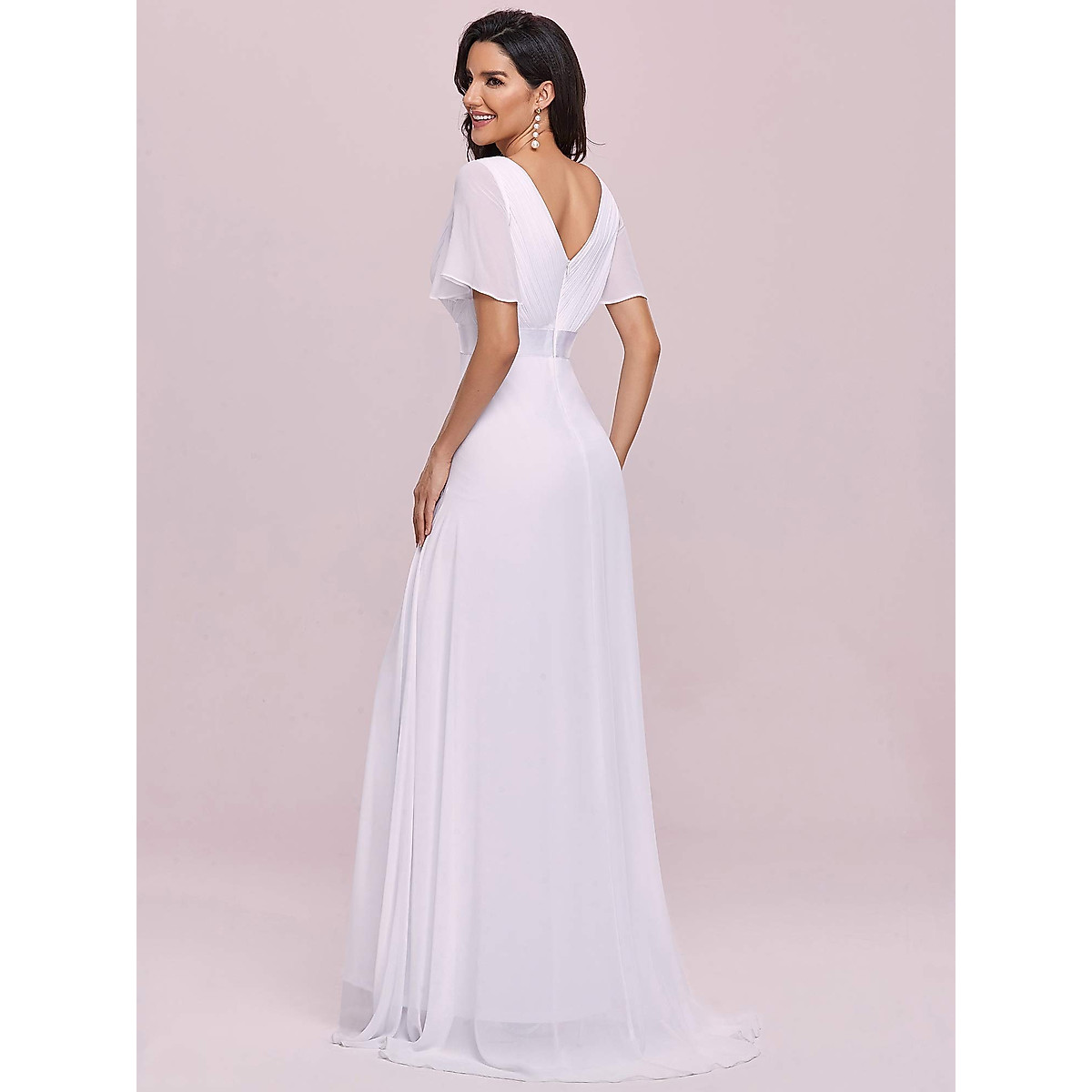 Ever-Pretty Women's Classic Chiffon Short Sleeve Pleated V-Neck Floor Length Bridesmaid Dresses White US14