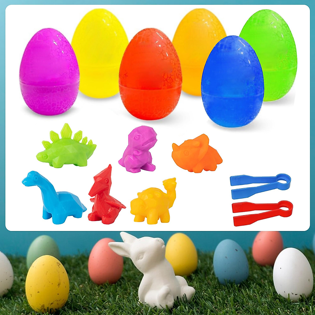 48Pcs Easter Eggs Prefilled Plastic Easter Eggs with Counting Dinosaurs Toys Inside Filled, Toddler Preschool Learning Activities Toys for Kids Easter Basket Stuffers Egg Fillers Gifts (Dinosaur)