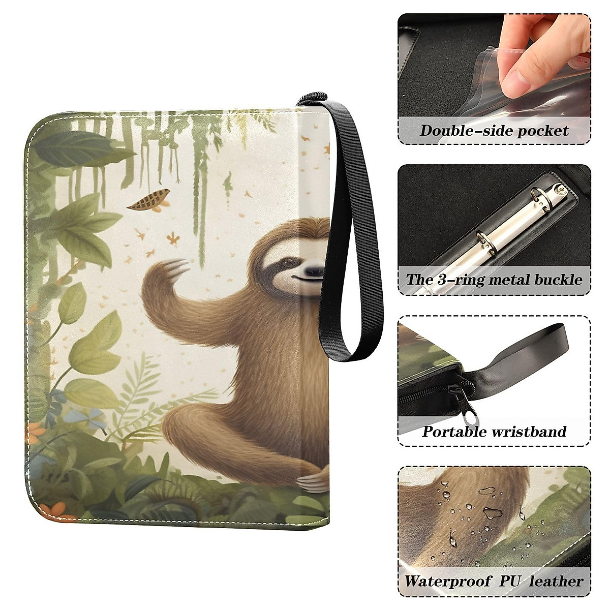 PYBUG Cute Sloth Trading Card Binder with Nylon Strap 4-Pocket Waterproof PU Leather Card Collection Binder for 400 Cards Sturdy Card Holder Folders for Game Cards,Sports Cards