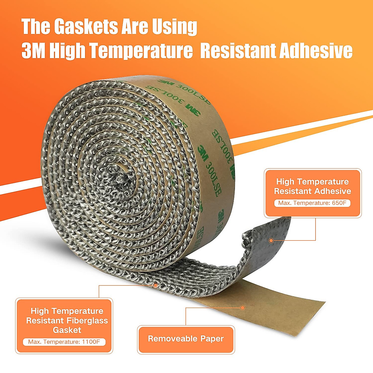 Stove Gasket Tape, Self Adhesive Flat Gasket for Stoves and Fireplaces, 1" Width 72" Length, High Temperature Fiberglass Flat Gasket Tape