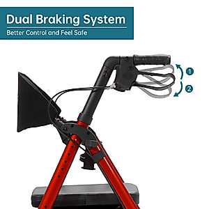 ELENKER All-Terrain Rollator Walker with 10” Non-Pneumatic Wheels, Sponge Padded Seat and Backrest, Fully Adjustment Frame for Seniors, Red