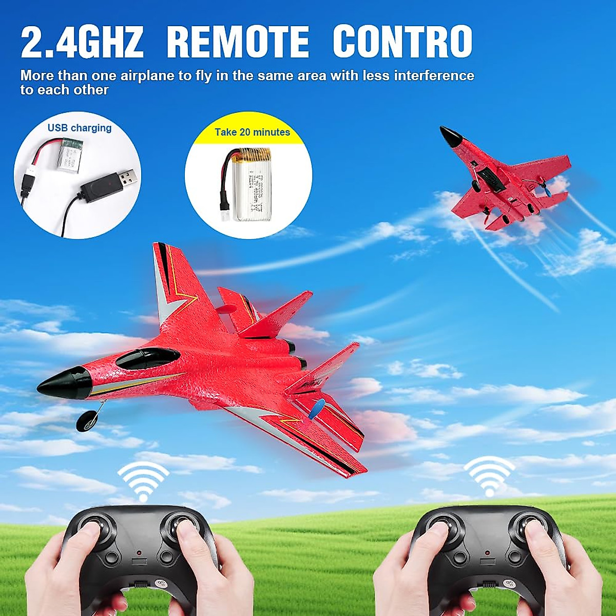Fremego Su-27 RC Airplane,2.4GHz 2 Channel Remote Control Plane with Gyro Night Lights and 2 Batteries, Easy to Fly for Adults, Beginners and Kids Toy