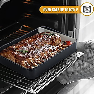 TeamFar Lasagna Pan, 9.4 x 7 x 2 Inch Stainless Steel Deep Baking Roasting Brownie Pan for Toaster Oven, Black Non-Stick Coating Rectangle Cake Pan, Healthy & Durable, Smooth Surface & Easy Clean