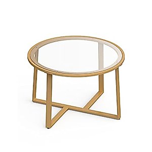 Evajoy Round Glass Coffee Table, 27.6" Gold Coffee Table with Tempered Clear Glass Surface for Living Room, Simple & Modern Center Circle Coffee Table for Small Space, Easy Assembly