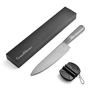 Cooking Chef Knife, 8 Inches Carbon Stainless Steel Kitchen Knife with Sharpener and Ergonomic Handle, Chopping Knife for Professional Use（Matte Stainless）