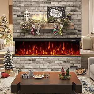 LUXOAK 60" 3 Sided Electric Fireplace of Tempered Glass Panels & Log and Crystal, Fireplace Heater with 9 Flame Colors & 5 Brightness Levels & 2 Power Modes, Noisy Free, Recessed, Black
