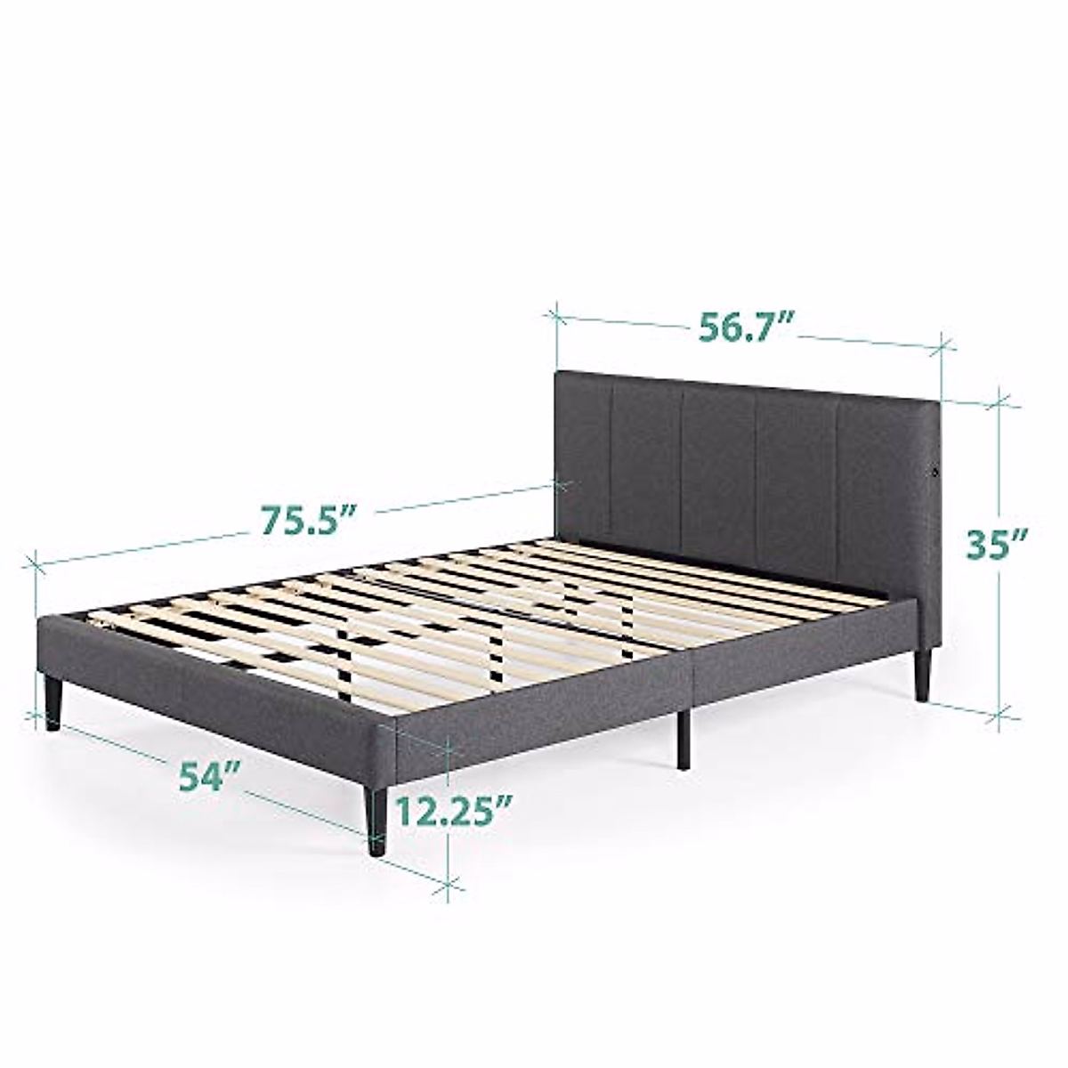 ZINUS Maddon Upholstered Platform Bed Frame with USB Ports, Mattress Foundation, Wood Slat Support, No Box Spring Needed, Easy Assembly, Grey, Full