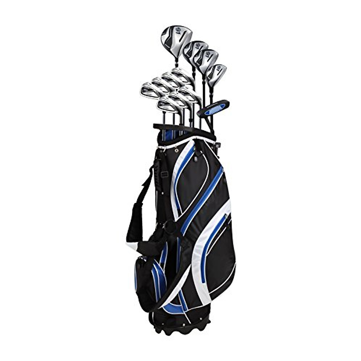 18 Piece Men's Complete Golf Club Package Set With Titanium Driver, #3 & #5 Fairway Woods, #4 Hybrid, 5-SW Irons, Putter, Stand Bag, 4 H/C's (Blue, Regular Size)