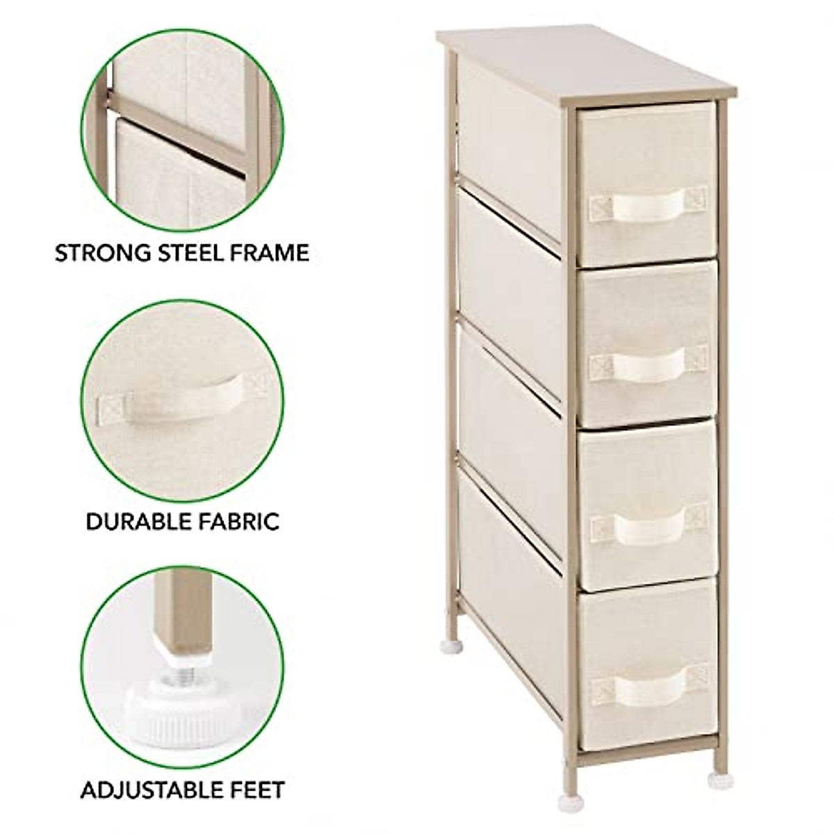 mDesign Narrow Dresser Storage Tower Stand with 4 Removable Fabric Drawers - Steel Frame, Wood Top Organizer for Bedroom, Entryway, Closet - Lido Collection - Cream/Gold