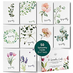 Dessie 50 Different Sympathy Cards with Greetings Inside. 5x7 Inch 50 Condolence Cards with Crisp Designs, Envelopes and Matching Floral Sealing Stickers. Multi