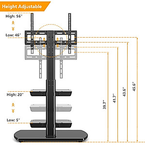 5Rcom Floor TV Stand with Mount, Height Adjustable TV Floor Stand with Swivel Mount for 27-70 inch Flat or Curved Screens TVs, Sturdy Tempered Glass Base with 3 Large Shelves for Bedroom, Black