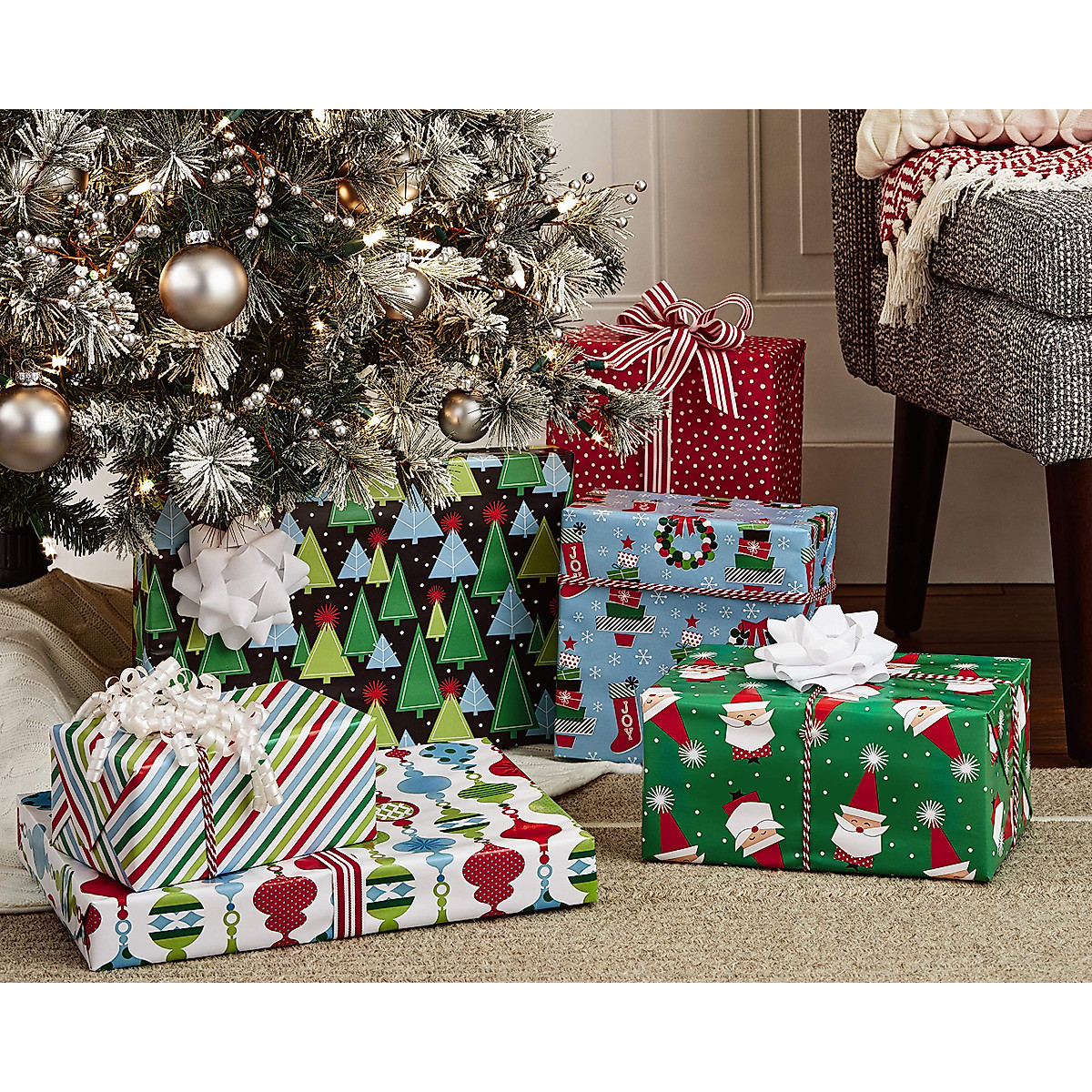 Hallmark Christmas Wrapping Paper Bundle with Cut Lines on Reverse (Pack of 6; 180 sq. ft. ttl.) Modern Santa, Trees on Black, Stripes, Ornaments