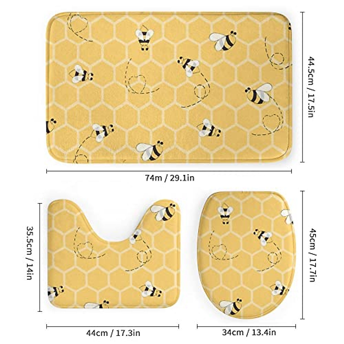 Yellow Bee Shower Curtain Bathroom Rugs Sets 4 Piece, Shower Curtain Waterproof Fabric with Non Slip Bathroom Rugs Floor Mat Toilet Lid Cover Shower Accessories for Bathroom