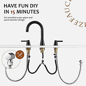 YardMonet Black Bathroom Faucet, Bathroom Faucets for Sink 3 Hole Modern Widespread 8 Inch Faucet for Bathroom Sink with Pop Up Drain 2 Handle 3-Hole Bathroom Sink Faucet Matte Black