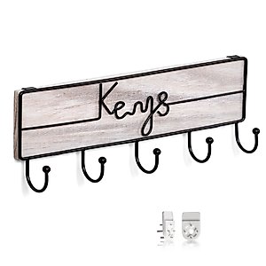 SNAP INVENT Wall Mounted Key Hooks for Hanging and Holding Keys - Entryway Keys Organizer - Handmade Metal Ornament with Natural Wood (White)