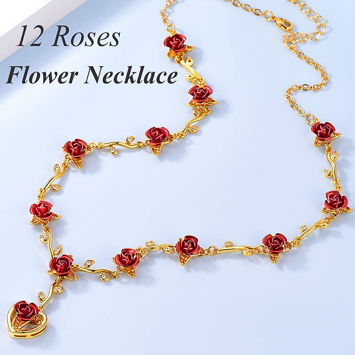 U7 Beautiful Rose Necklace 18K Gold Plated Dozen Flower Link Chain Necklace Choker Collar, Y Necklace for Women, Lover Gift
