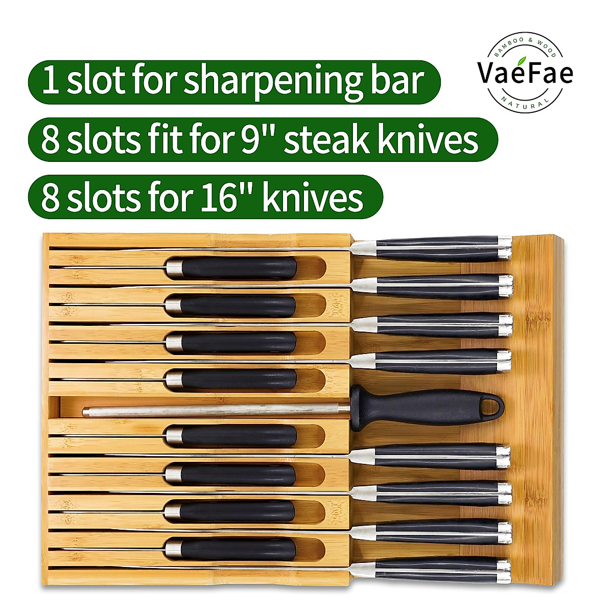 Bamboo Knife Drawer Organizer, Expandable Cutlery Tray and In-Drawer Knife Insert (16 knives)