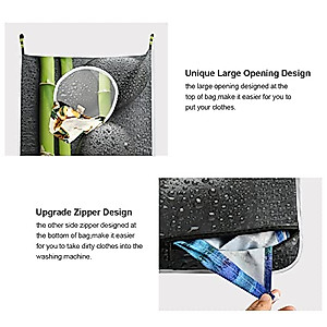 Poeticcity Black Zen Basalt Stones with Dew Green Bamboo on Dark Hanging Laundry Hamper Bag, Dirty Clothes Bag Over The Door, Wall Cloth Basket with Hooks Storage Closet for Bathroom Bedroom