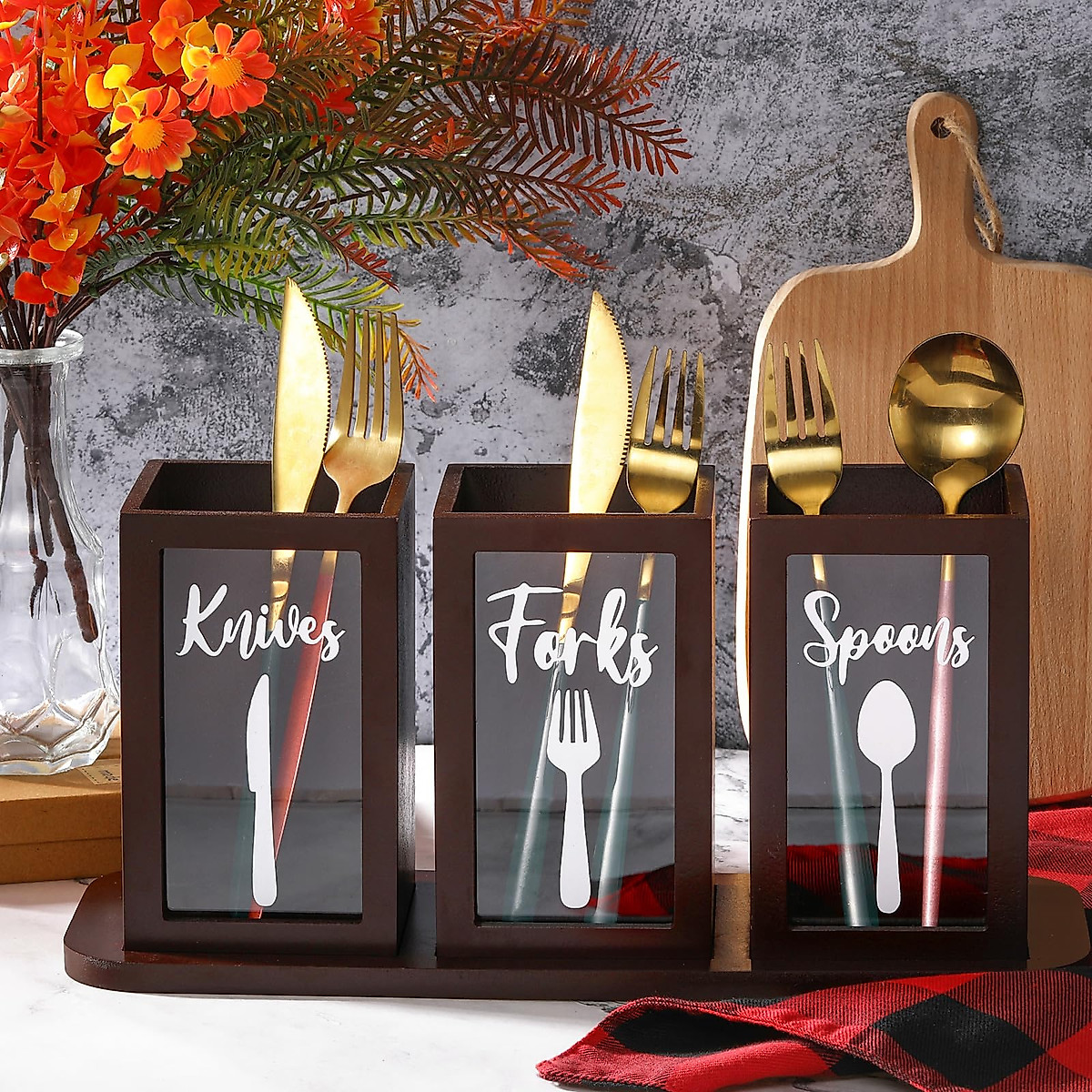 Gejoy Clear Acrylic Silverware Cutlery Caddy Utensil Holder with Wood Tray Spoon Fork Knives Flatware Dispenser for Kitchen Table Countertop Silverware Storage Organizer(Brown)