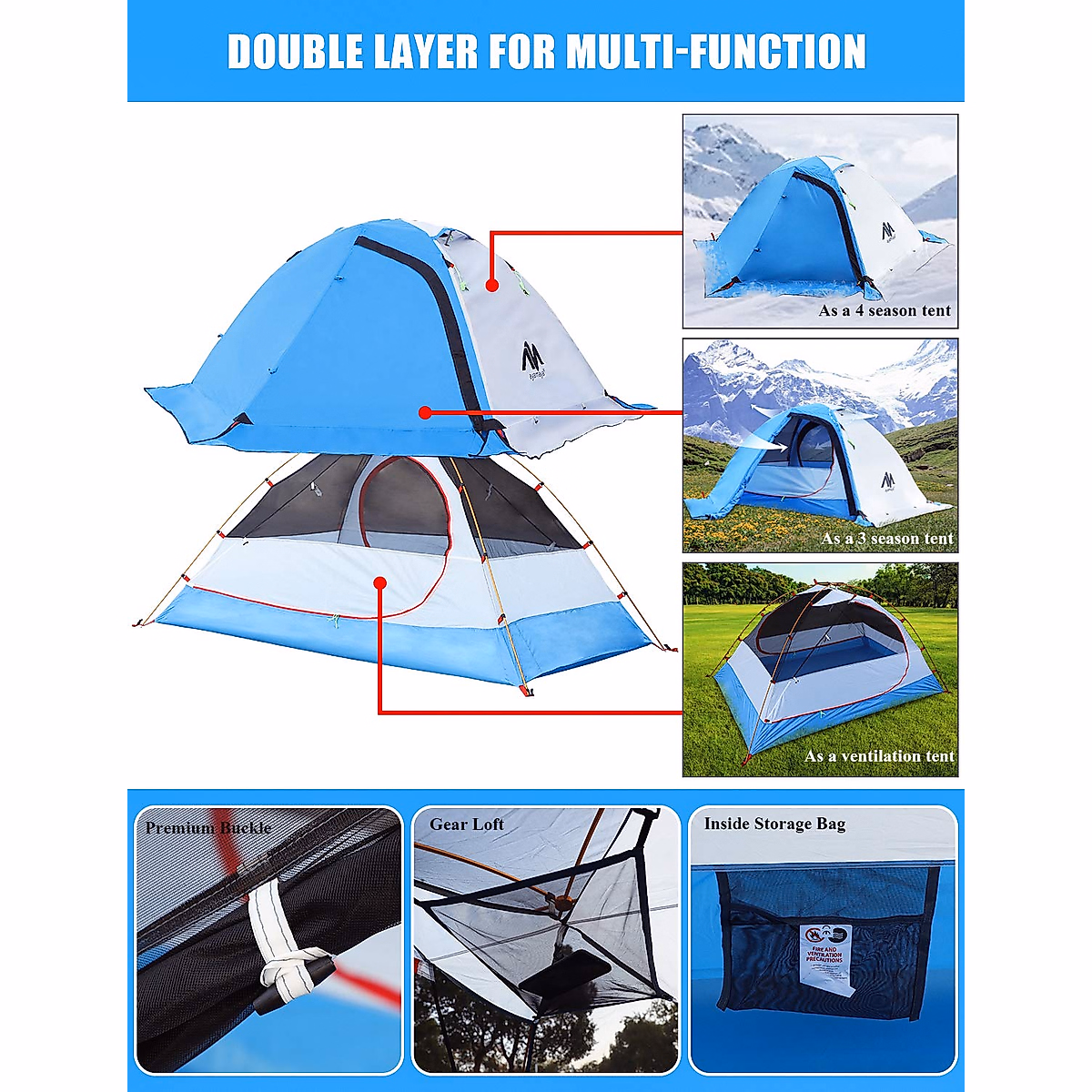 AYAMAYA 4 Season Backpacking Tent 2 Person Camping Tent Ultralight Waterproof All Weather Double Layer Two Doors Easy Setup 1 2 People Man Tents for Backpacker Outdoor Hiking Survival