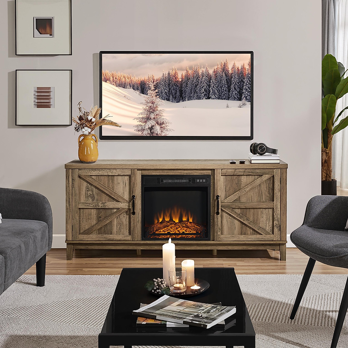 Yaheetech TV Stand Entertainment Center for 55 65 Inch TV, Farmhouse Storage TV Console Cabinet with Barn Doors for Living Room, Rustic Oak