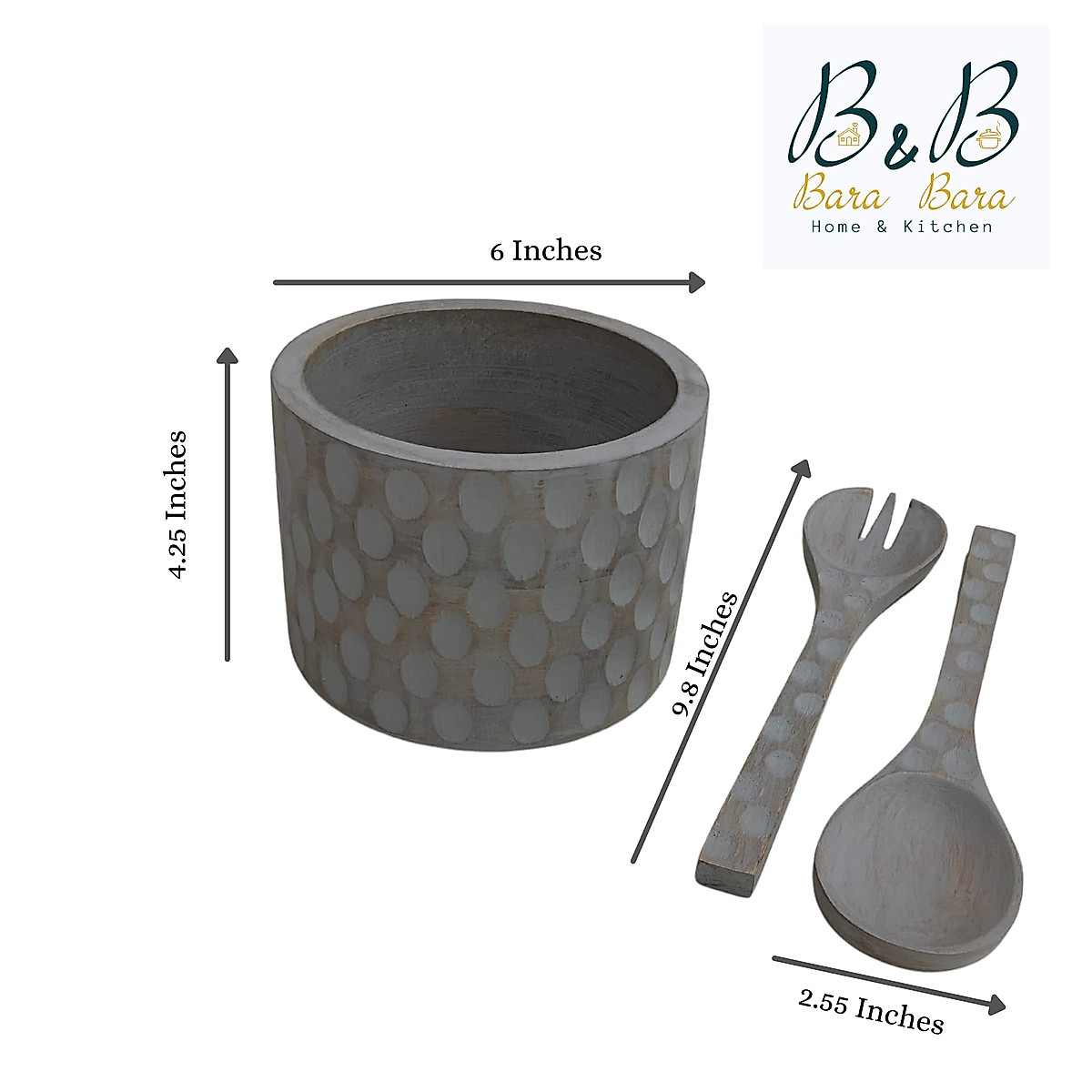 BaraBara Mango Wooden Salad Bowl Set, Small Salad Bowls with set of Two Mango Wood Utensils for House Warming, Anniversaries and Birthdays Size: L6xW6xH4.25, Utensils L9.8 xW2.36 xH0.5 Inches