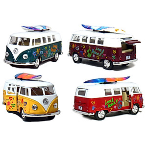 Set of 4 Vehicles: 5" 1962 VW Classic Van Flowers with Surfboard (Red, Green, Maroon and Yellow)