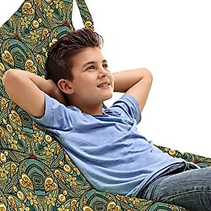 Ambesonne Ethnic Lounger Chair Bag, Ornamental Illustration of Hand Drawn Like Oriental Mandala Vintage Layout, High Capacity Storage with Handle Container, Lounger Size, Laurel Green Mustard