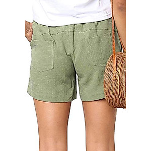 QACOHU 2024 Women's Drawstring Elastic Waist Casual Solid Comfy Cotton Linen Beach Shorts Green XL Womens Linen Summer Pants