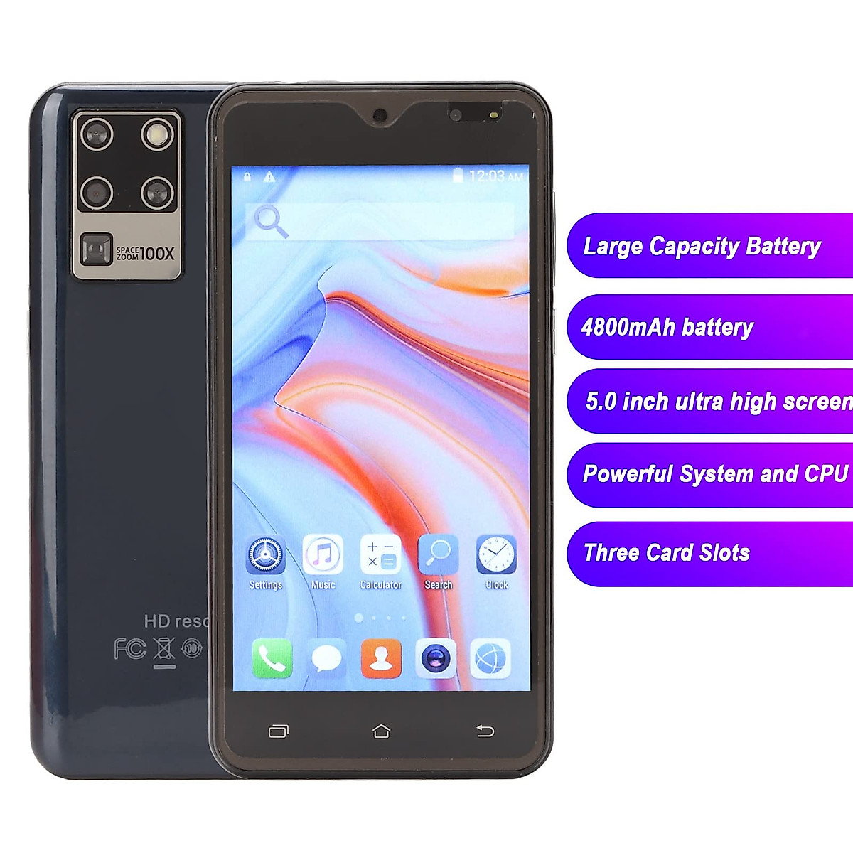 ciciglow 5in Unlocked Phone, 2GB RAM 16GB ROM Cheap Smart Phone, 1920x1080P HD Display, 5MP+8MP Camera, 4800mAh, Face ID, WiFi, BT, FM(Black)