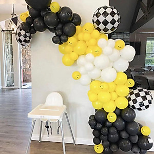 VitaCraft One Happy Dude Balloon Garland Arch Kit, 137Pcs Black White Mustard Yellow Balloons with Checkered Starburst Foil Balloons for One Happy Dude Birthday Smil-ey Face Party Decorations