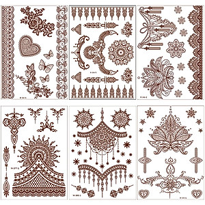 FULANSI Brown Henna Tattoos Stickers 6 Sheets Henna Temporary Tattoos Lace Mystery Sexy Mandala Flower Design Body Art Waterproof Fake Tattoos Henna Stickers for Women Body Face Arm Legs Decor