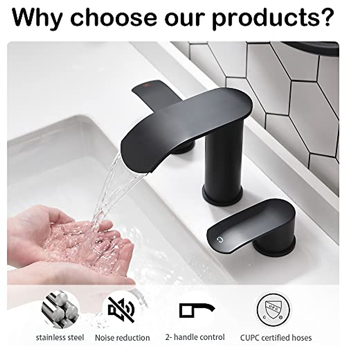 Bathroom Sink Faucet Matte Black - Bathroom Faucets for Sink 3 Hole 2-Handle 8 inch Widespread Bathroom Sink Faucet with Pop Up Drain and Faucet Supply Hoses
