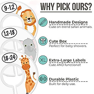Baby Closet Size Dividers - 7X Safari Nursery Closet Dividers for Baby Clothes - Elephant Giraffe Zebra Lion Monkey Cheetah Nursery Decor - Baby Closet Dividers for Boy or Girl - [Safari] [White]