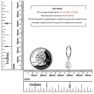 Small Huggie Hoop Earrings with Pearl Dangle for Women, Dainty Sterling Silver Huggie Earring, 9mm