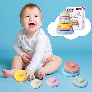 NiToy 6PCS Stacking & Nesting Building Ring Teether Stacker Toy for Boys and Girls, Educational Rainbow Tower Wheels Soft Silicone Circle Squeeze Toy with Letter Number Graphic Engaging Early Learning