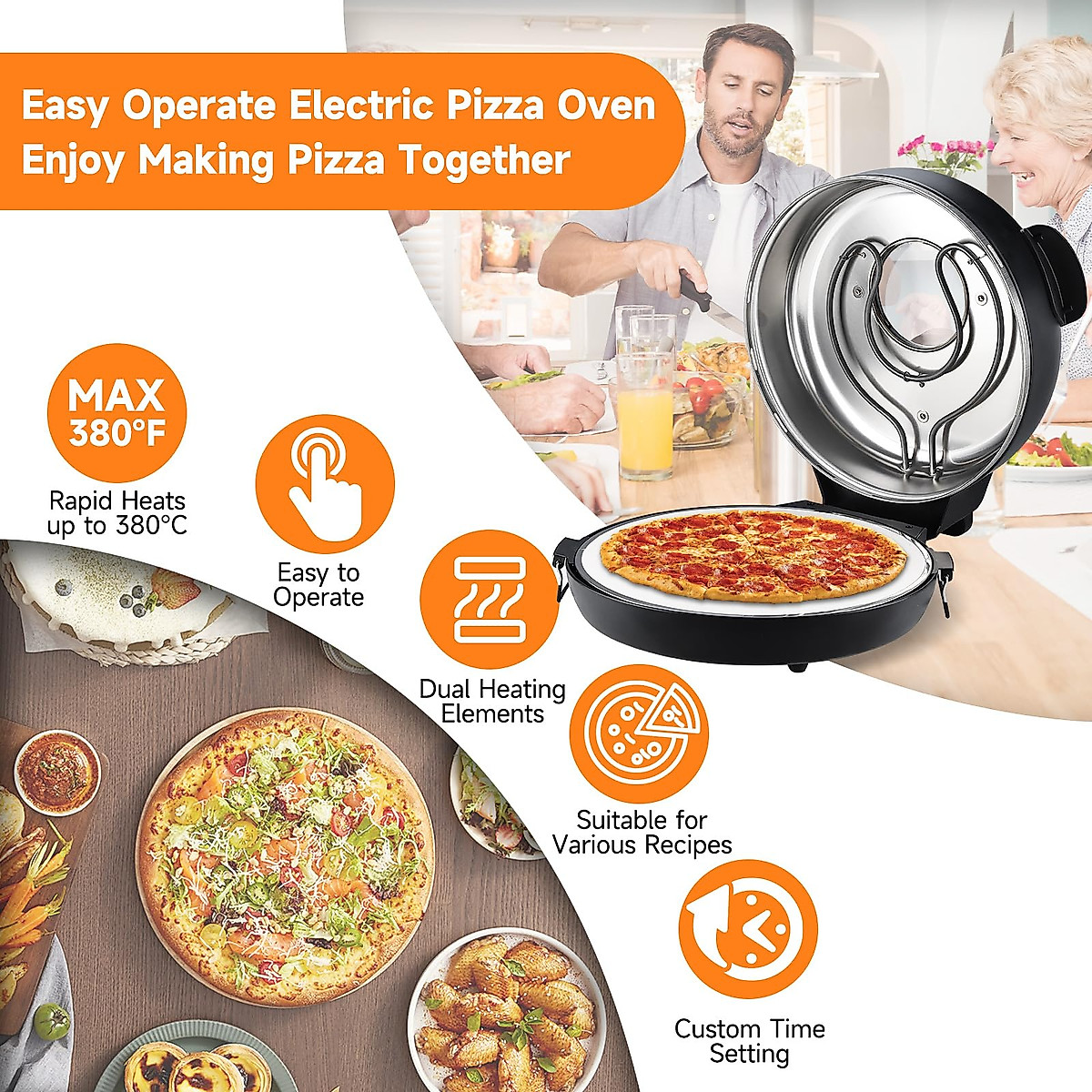 Upgrade Davivy 16" Large Indoor Pizza Oven with Pizza Stone & Grill Pan, Electric Pizza Cooker Heats up to 380℃, Portable Indoor Pizza Maker Machine for Home with Timer, Window - Black