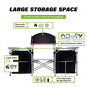 Evcitn Camping Kitchen Table with Pcinic Mat, Aluminum Portable Folding Camp Cook Table with Windshield, Storage Organizer, Quick Installation for Outdoor Picnic Beach Party Cooking, Black