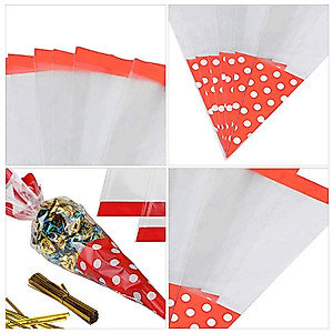 FARUTA 100pcs Clear Cello Treat Bags Cone Shaped Polka Dot Popcorn Bags Triangle Treat Bags OPP Plastic Bags for Gift Wrapping Bakery Cookie Dessert Packaging Red