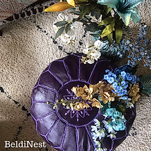 BeldiNest Moroccan Pouf Ottoman Leather Pouf Round Ottoman Leather Pouf, Perfect Home Ottoman Footrest | Purple Leather Pouf