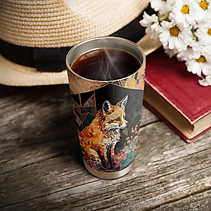 20oz Yellow Citrine Stained Glass Crystal Mosaic Fox Tumbler, Gifts for Fox Lovers, Coffee Thermos for Women, Stainless Steel Double Wall Vacuum Insulated Coffee Mug, Travel Cup with Lid