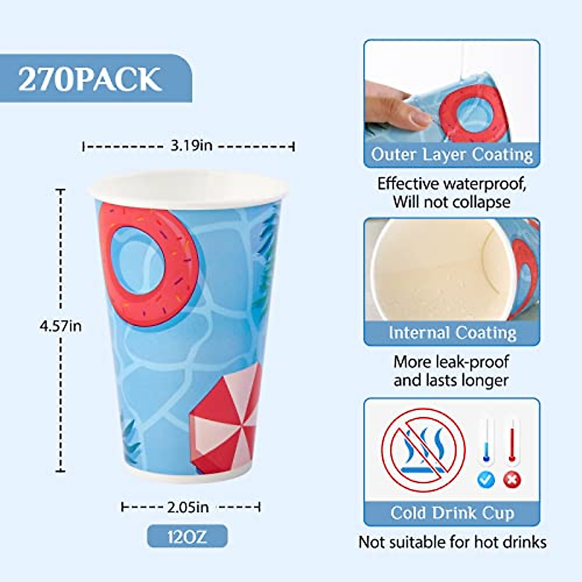 LITOPAK 270 Pack 12 oz Paper Cups, Paper Cold Cups with Special Design, Iced Coffee Paper Cups, Cold Beverage Paper Cup for Water, Juice, and All Kinds of Cold Drinks.