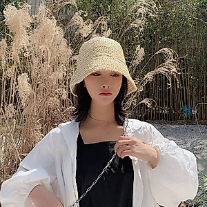 Women's Straw Sun Hat Hand-Woven Packable Beach Bucket Hat Summer Floppy UV Protection Hat(Beige)